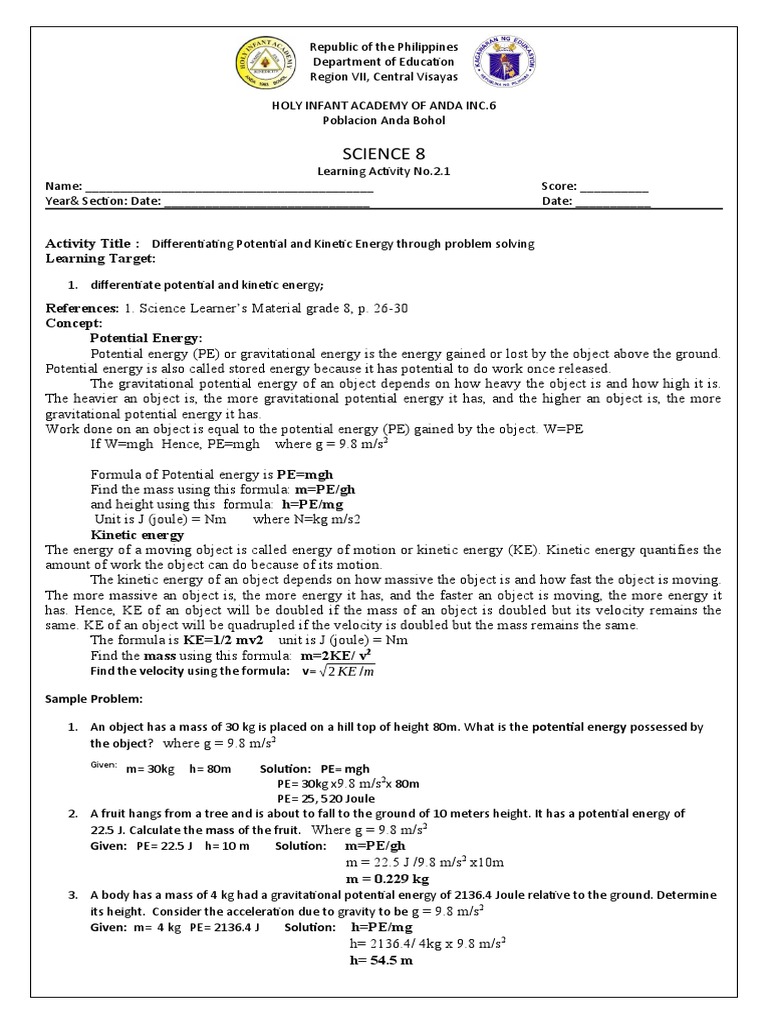 Activity 2.1 | PDF | Potential Energy | Mass