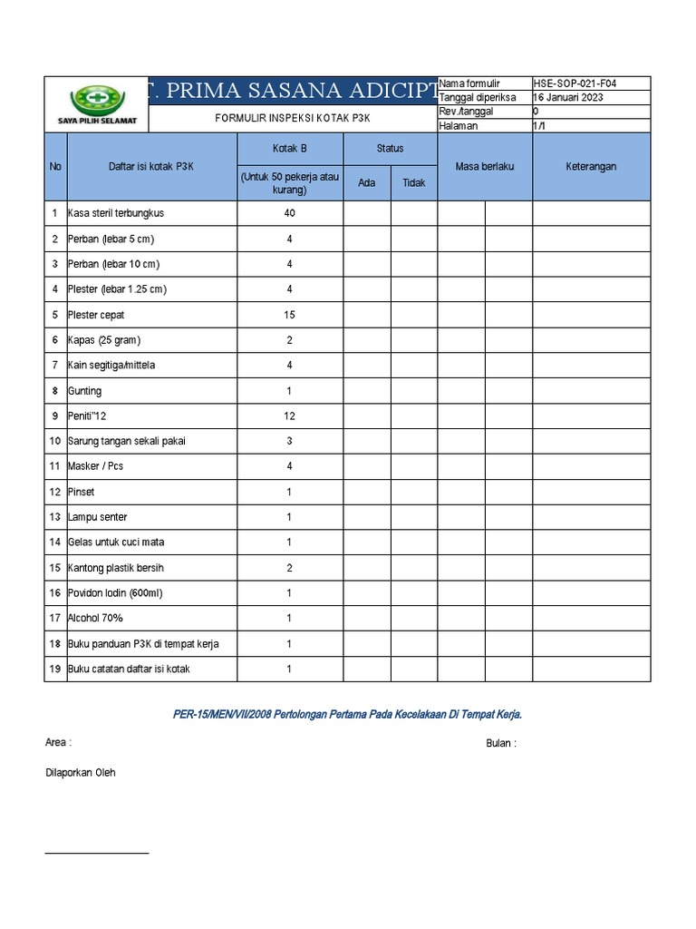 28 Form Inspeksi Kotak P3K | PDF