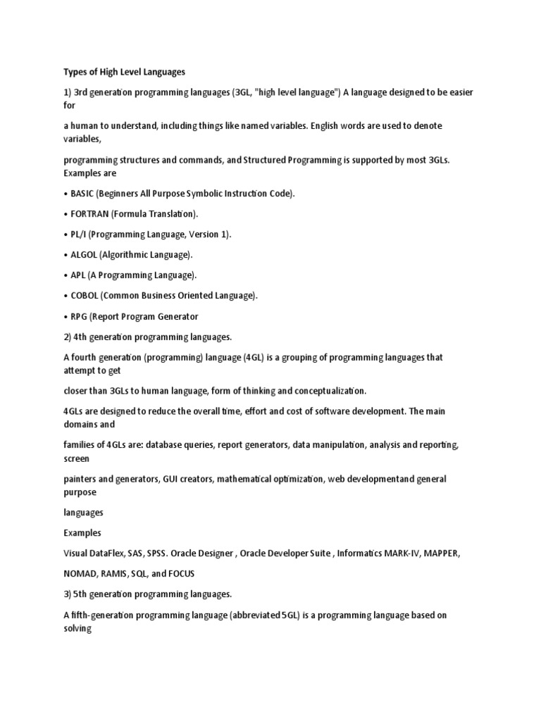 Types of High Level Languages | PDF