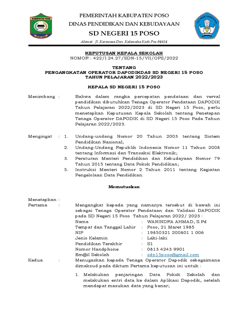 SK Operator Dapodik Tapel 2022-2023 | PDF