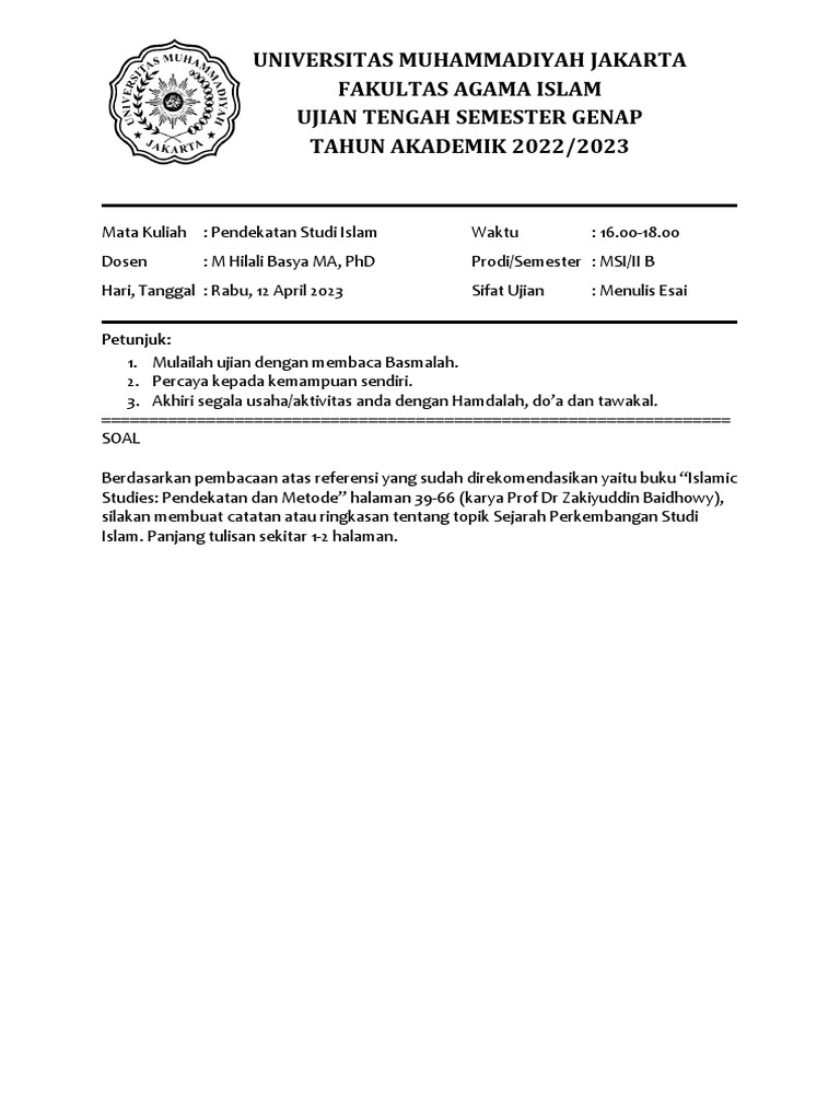 Soal UTS Pendekatan Studi Islam (April 2023) | PDF