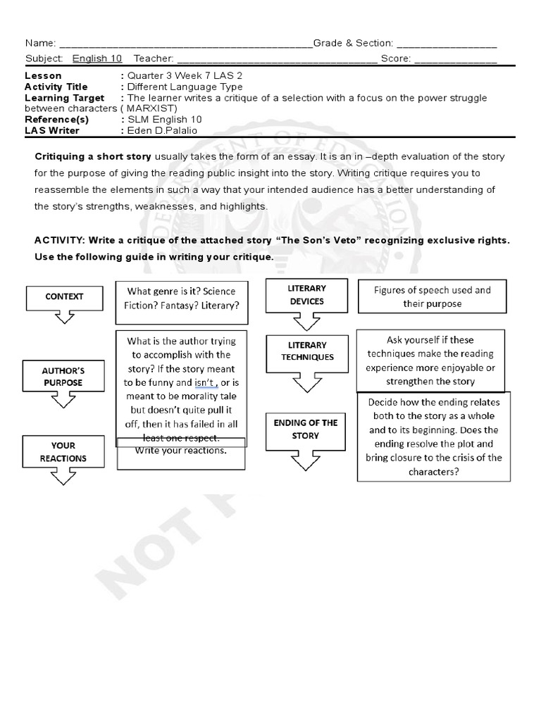 Critique on "The Son's Veto" Story | PDF