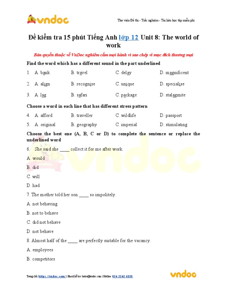 De Kiem Tra 15 Phut Tieng Anh Lop 12 Unit 8 The World of Work | PDF