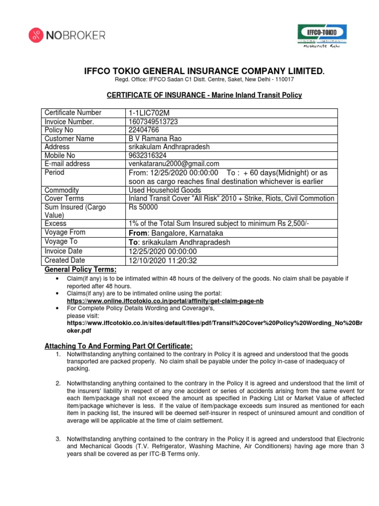 Marine Inland Transit Policy Certificate for Household Goods Shipment ...