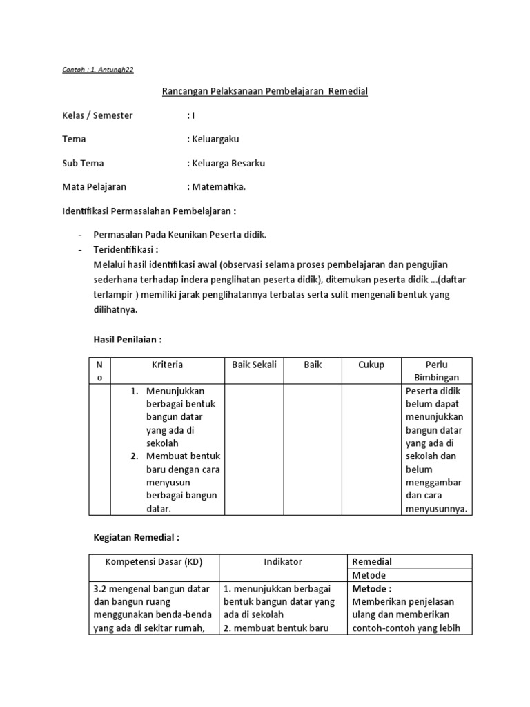 Rancangan Pelaksanaan Pembelajaran Remedial | PDF