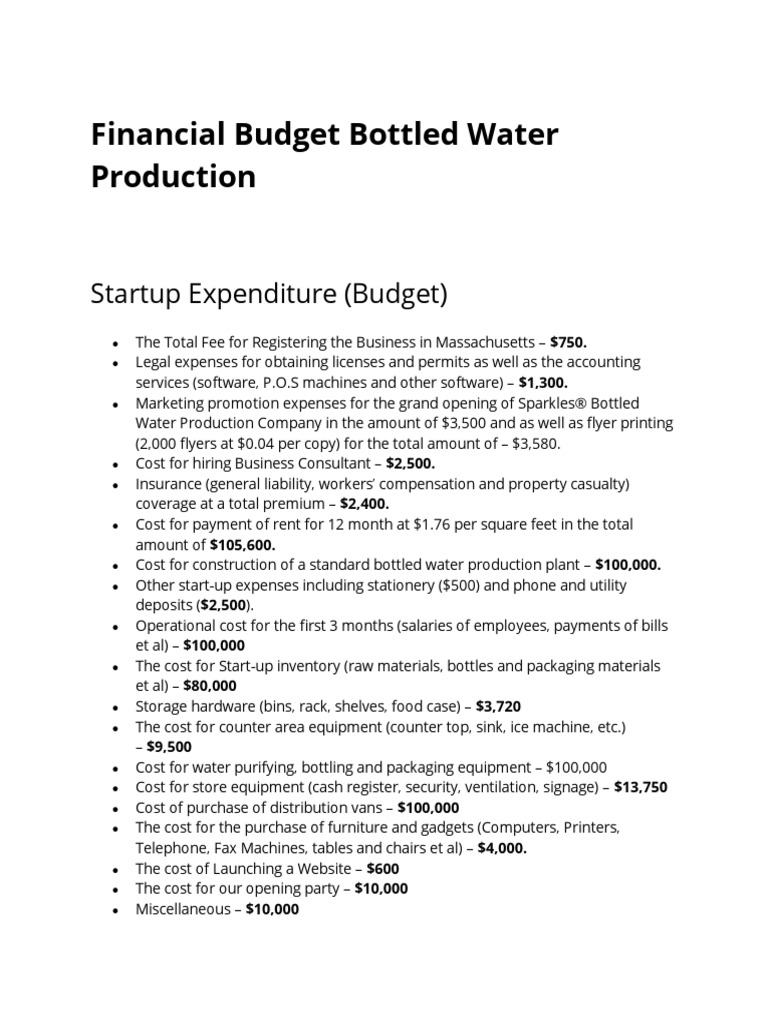 Financial Budget Bottled Water Production | PDF | Expense | Insurance
