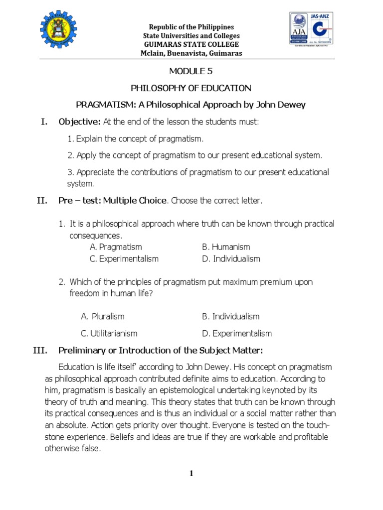 MODULE 5 Philosophy of Education | PDF | Pragmatism | Truth