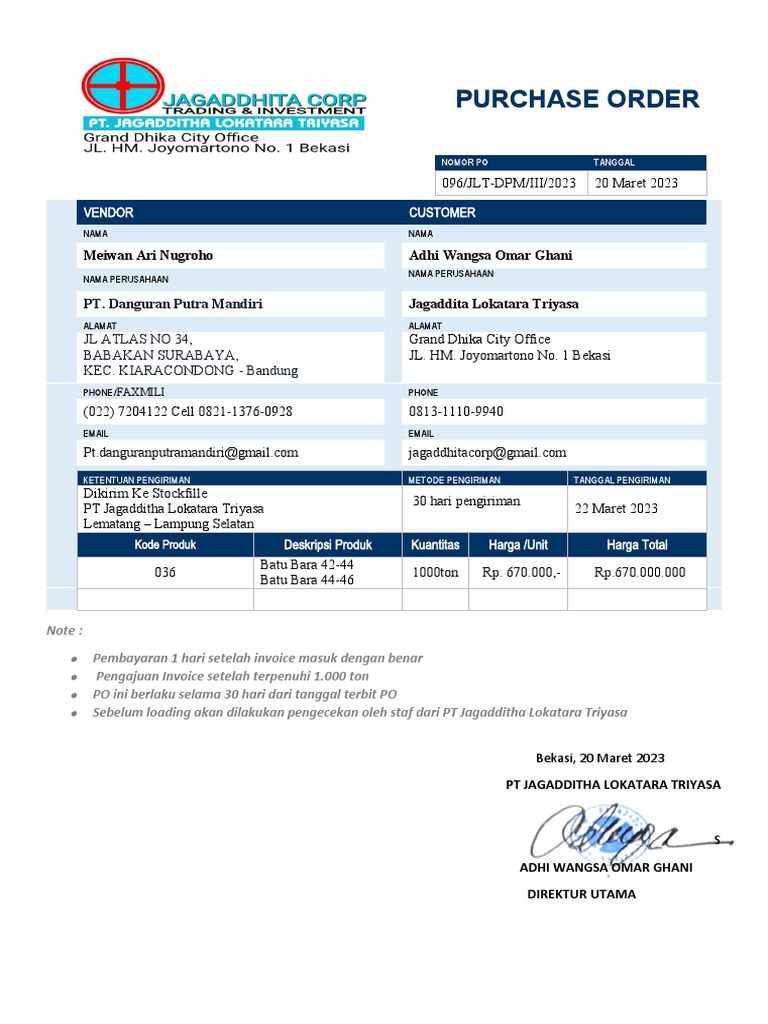 Purchase Order (PO) JLT-DPM | PDF