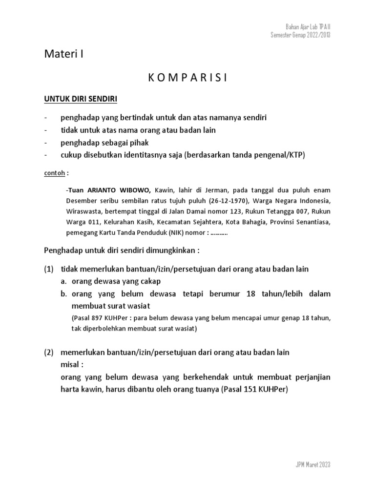 Materi 1 - Komparisi (Diri Sendiri Dan Selaku Kuasa) | PDF