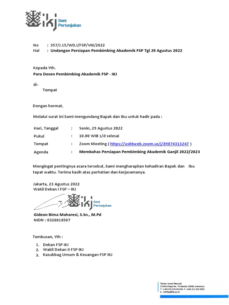 2022 WD.I FSP - 357 Undangan Rapat Persiapan Pembimbing Akademik TGL 29 Agustus 2022 | PDF ...