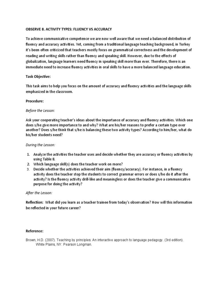 OBSERVE 8 ACTIVITY TYPES - FLUENCY Vs ACCURACY | PDF | Fluency | Teachers