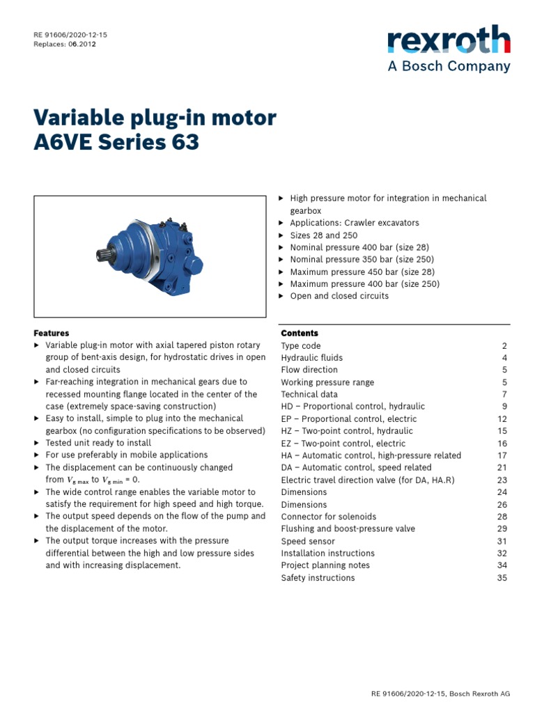 Variable Plug-In Motor A6VE Series 63: RE 91606/2020-12-15 Replaces: 06.2012 | PDF | Pump ...