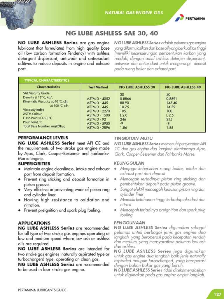 NG Lube Ashless Sae 30, 40: Natural Gas Engine Oils | PDF