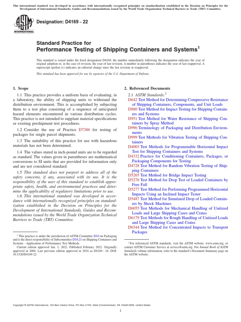 ASTM D4169-22 - Standard Practice For Performance Testing of Shipping ...