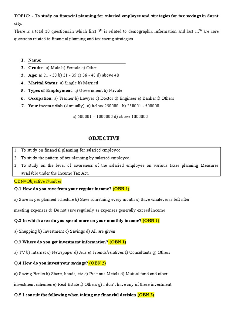 A Survey of Financial Planning Strategies and Tax Savings Awareness for ...