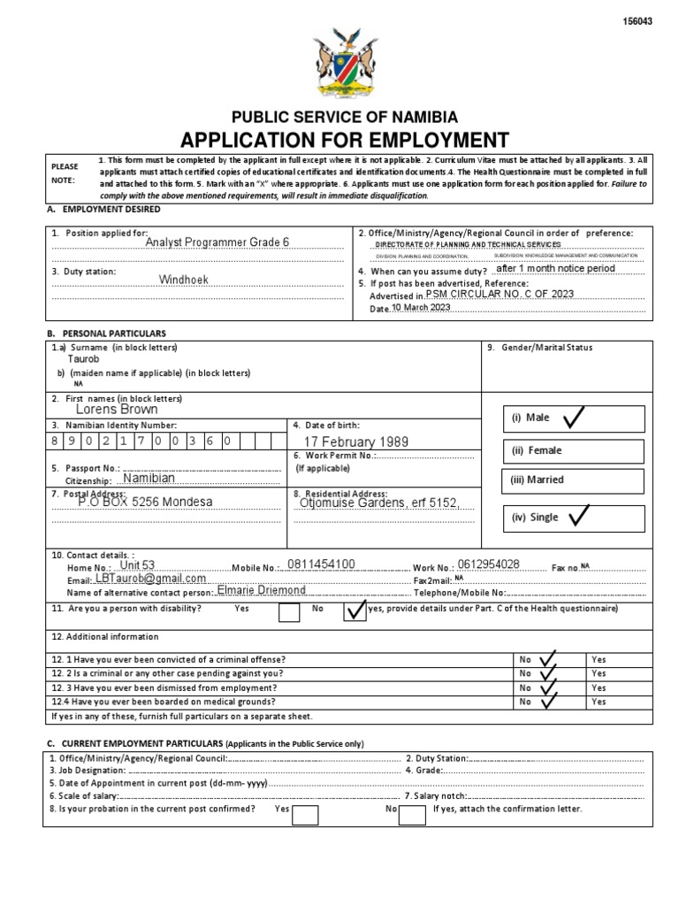 Application For Employment: Public Service of Namibia | PDF