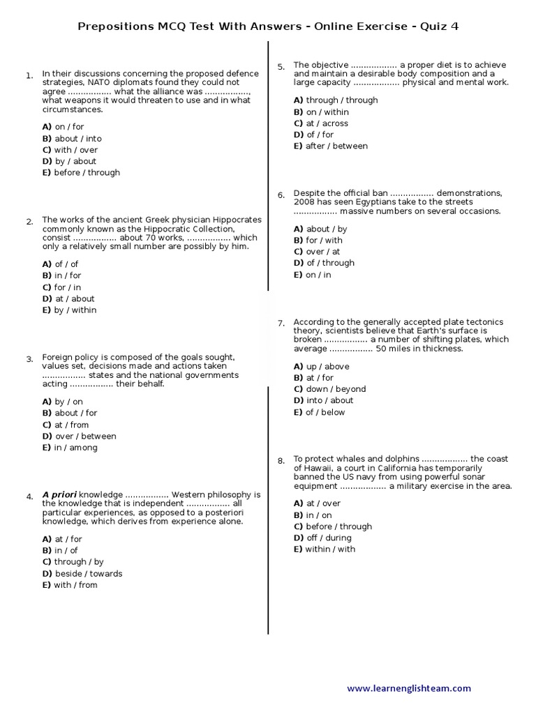 4 - Prepositions Test With Answers Online Exercise Quiz 4 ...