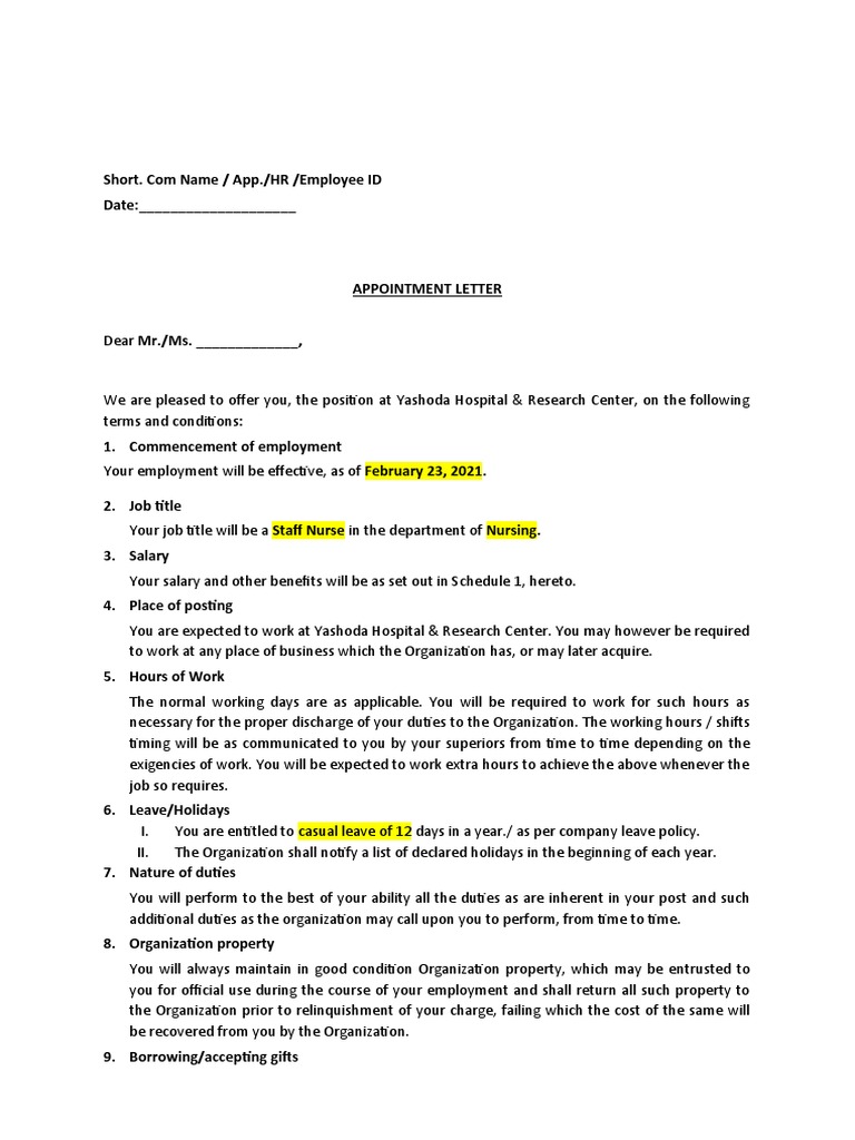 Appt. Letter - Format Updated | PDF | Employment | Salary