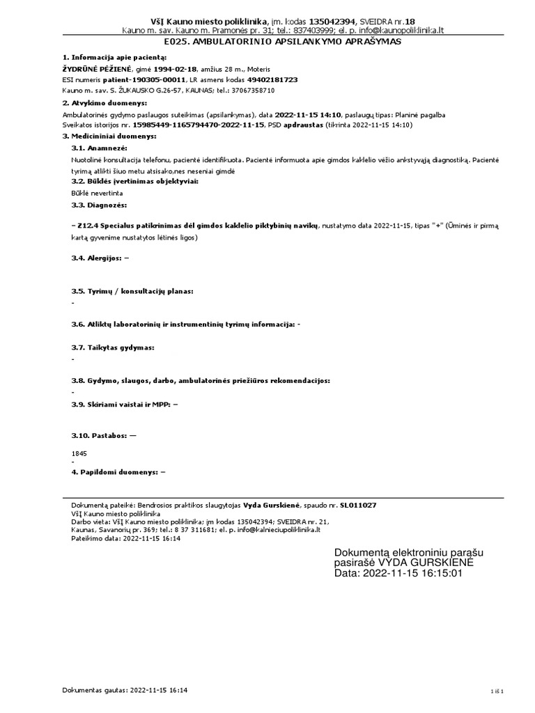 E025. Ambulatorinio Apsilankymo Aprašymas | PDF