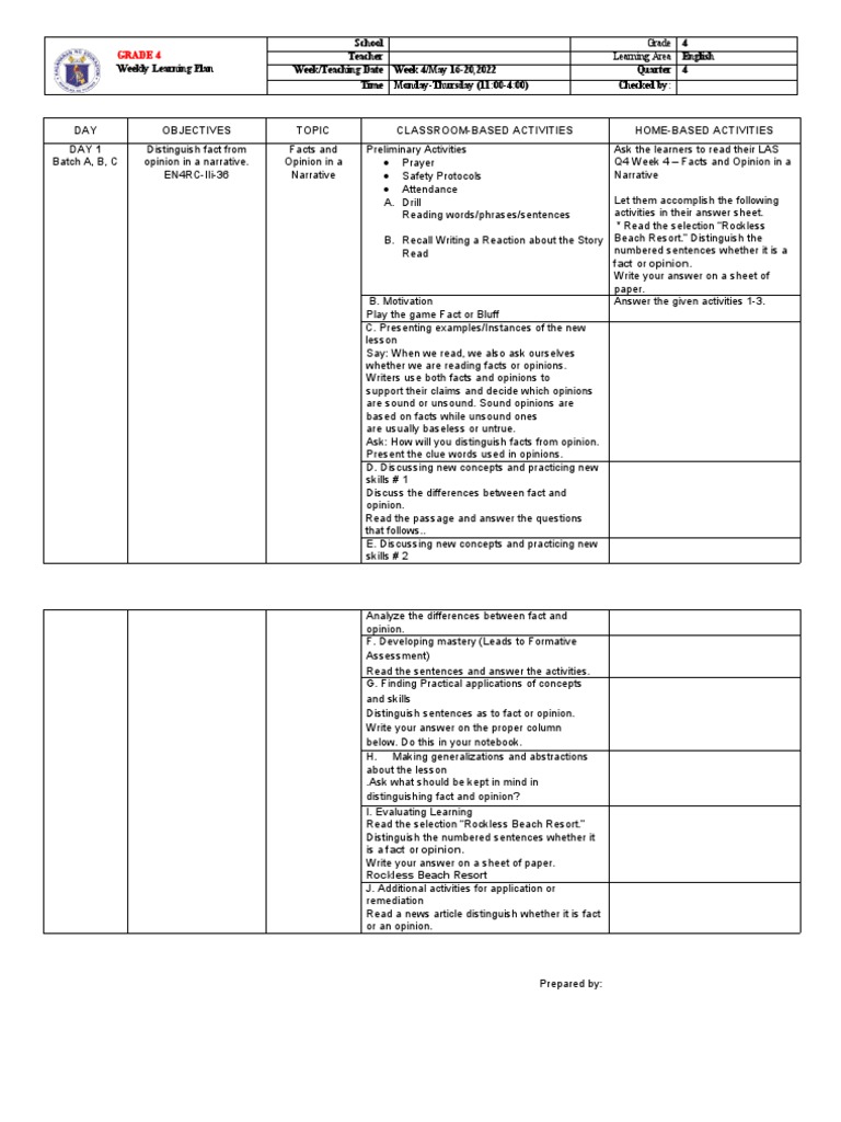 DAY Objectives Topic Classroom-Based Activities Home-Based Activities ...
