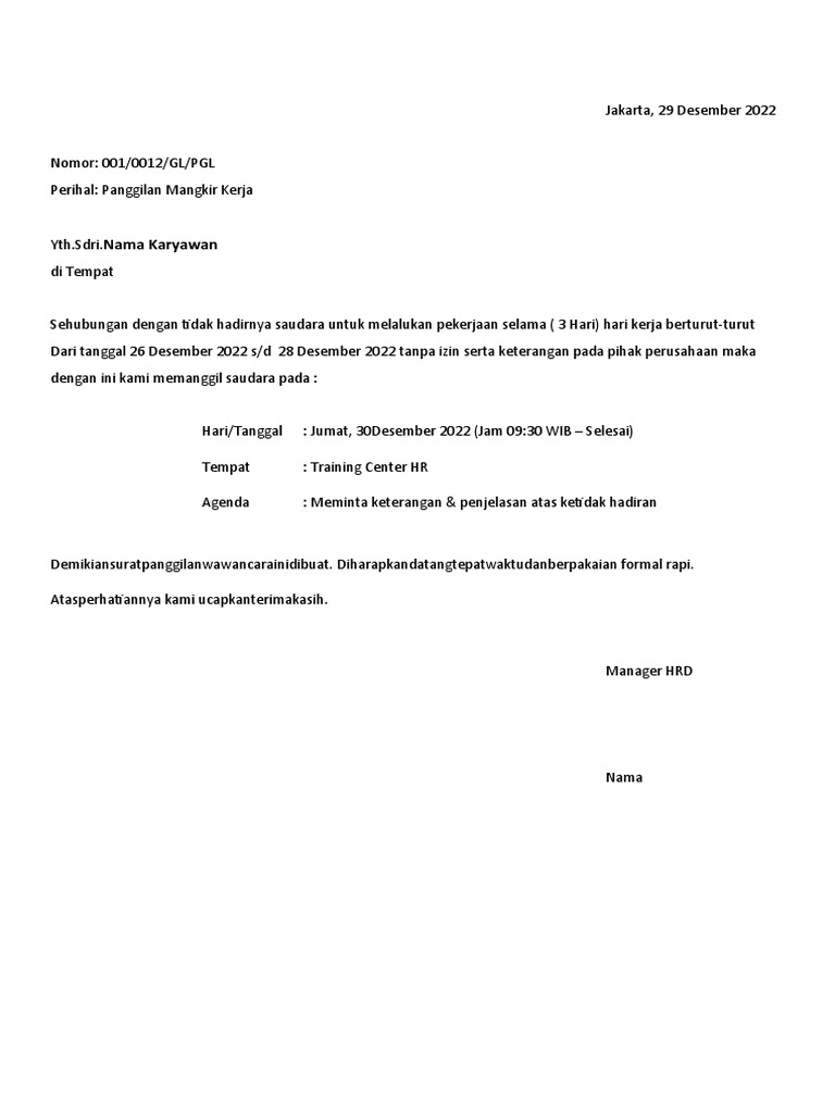 Surat Panggilan Mangkir Kerja | PDF | Bisnis | Pengembangan Diri
