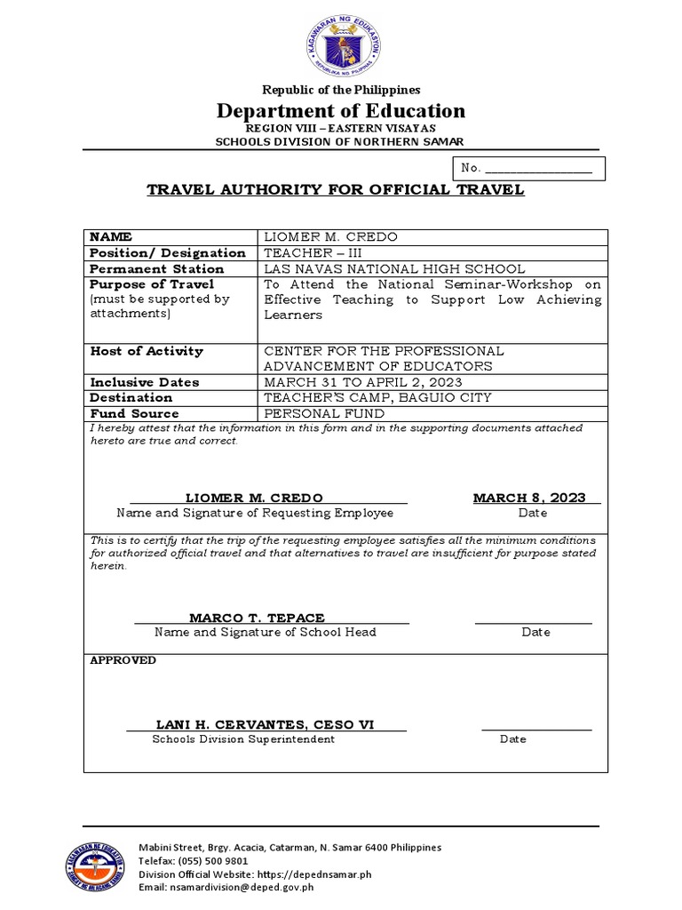 Authority To Travel - Local Official School Based Personnel - Outside ...
