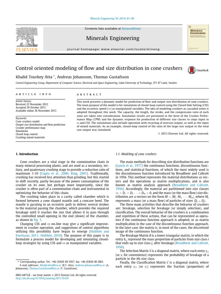 Control Oriented Modeling Of Flow And Size Distribution In Cone Crushers Pdf Control Theory