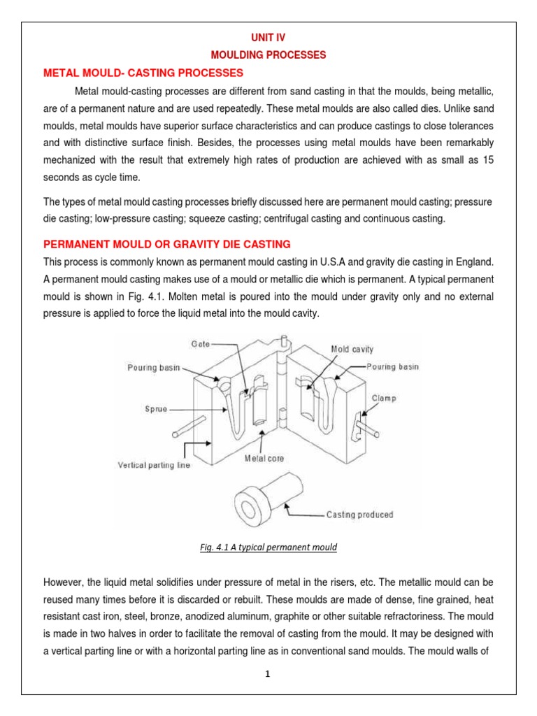 Metal Mould-Casting Processes: Unit Iv Moulding Processes | PDF | Casting (Metalworking) | Extrusion
