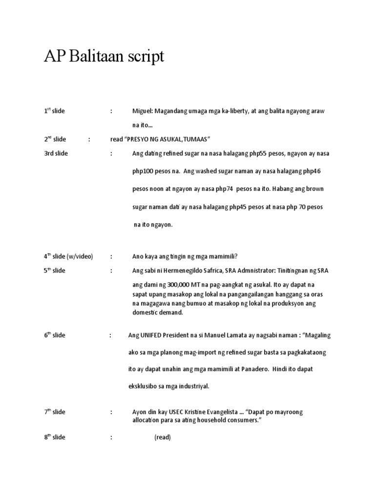 AP Balitaan Script (Proofread) | PDF
