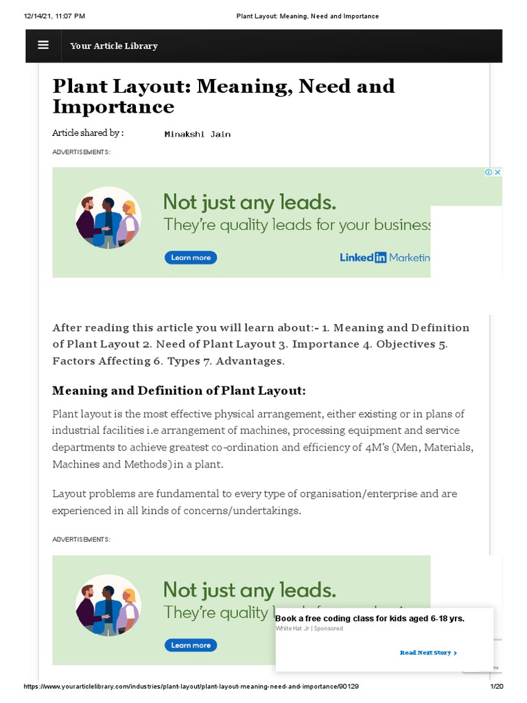 Plant Layout - Meaning, Need and Importance | PDF | Mass Production ...