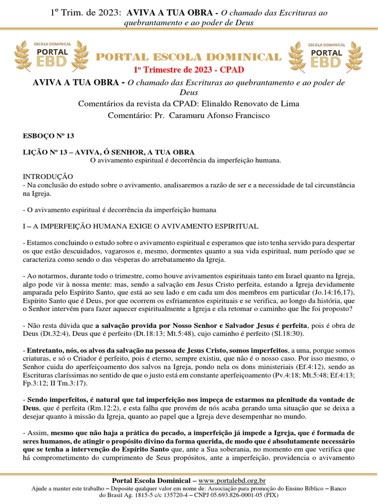 Esboço Da Lição 13 - Aviva, Ó Senhor, A Tua Obra - Pr. Caramuru Afonso ...