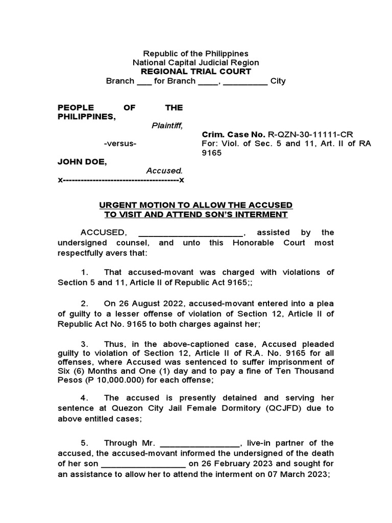 Urgent Motion To Allow The Accused Attend Funeral | PDF | Public Sphere | Crime & Violence