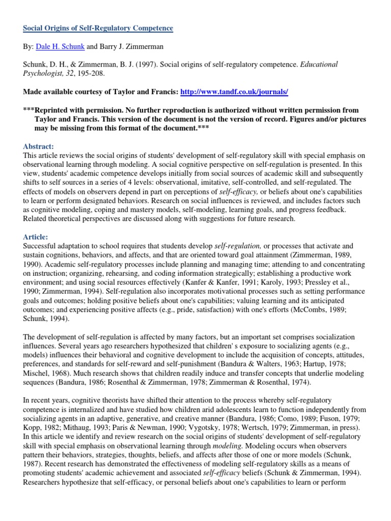 Schunk, D. H., & Zimmerman, B. J. (1997) - Social Origins of Self ...