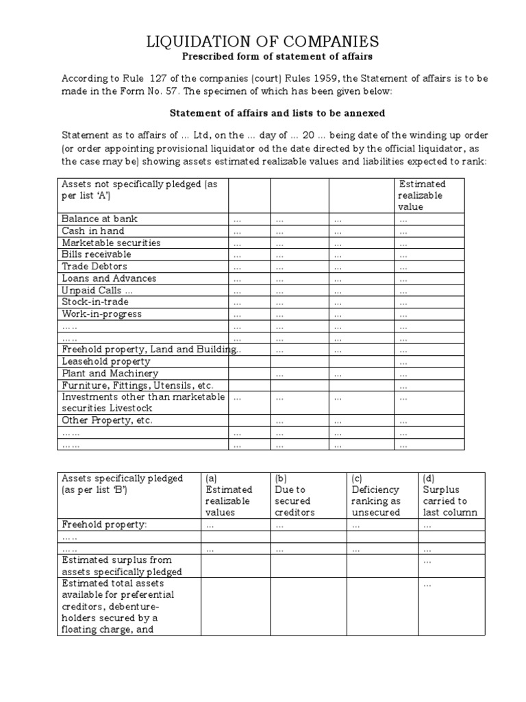 Liquidation of Companies: Prescribed Form of Statement of Affairs ...