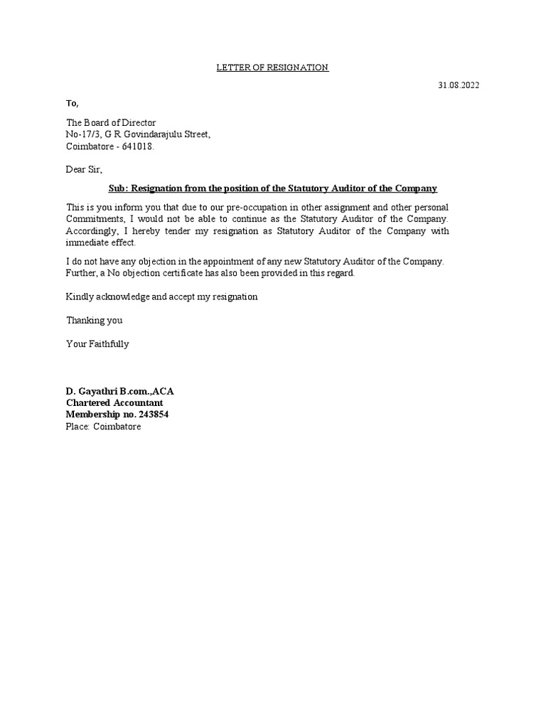 Sub: Resignation From The Position of The Statutory Auditor of The ...
