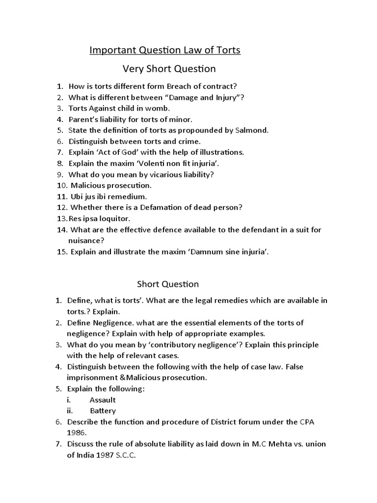 Important Question Law of Torts LLB 1 | Download Free PDF | Tort ...