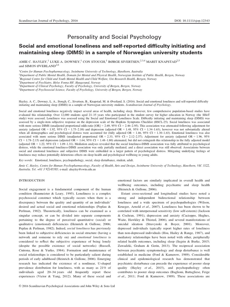 Social and Emotional Loneliness and Self-Reported Difficulty Initiating ...