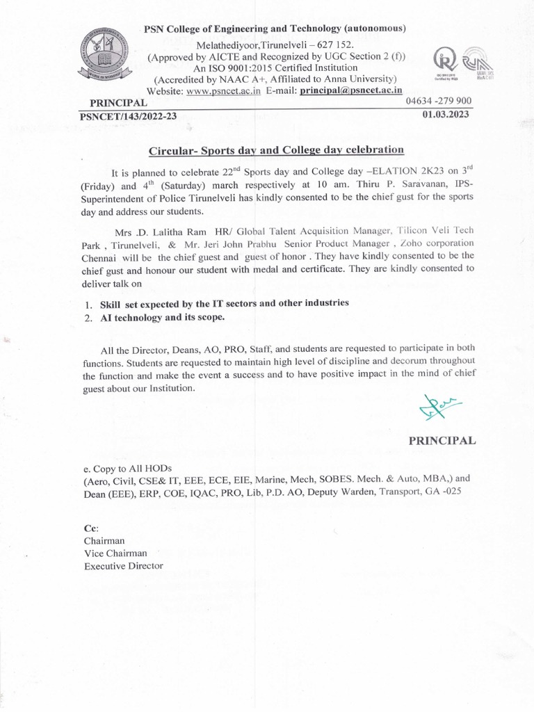 Circular - Sports Day and College Day Celebration | PDF