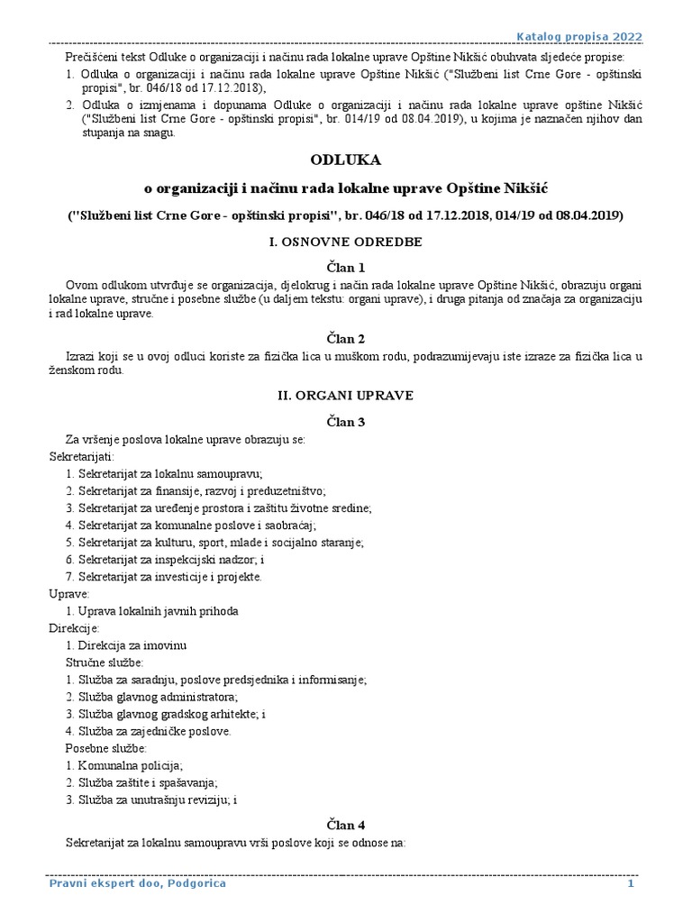 Odluka o Organizaciji I Načinu Rada Lokalne Uprave Opštine Nikšić | PDF