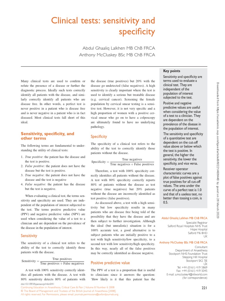 Clinicians' Guide to Test Accuracy | PDF | Sensitivity And Specificity ...