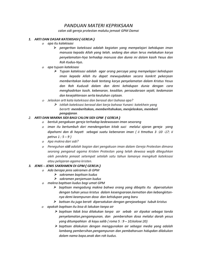 Panduan Materi Kepriksaan Katekisasi 2023.jemaat GPM Damai | PDF