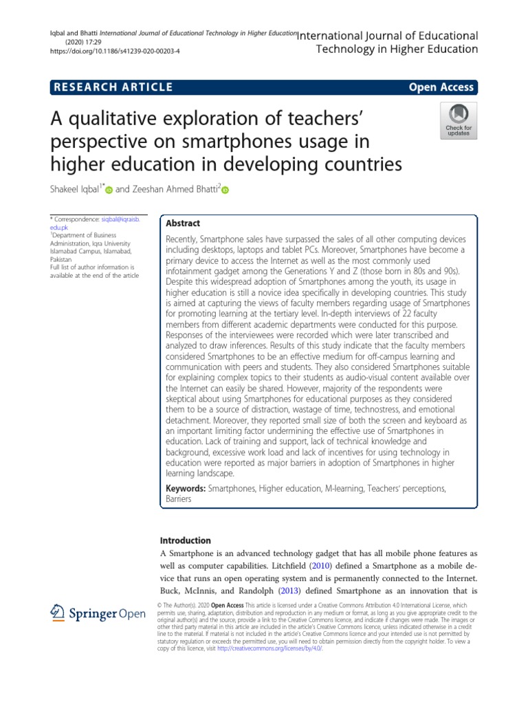 A Qualitative Exploration of Teachers ' Perspective On Smartphones Usage in Higher Education in ...