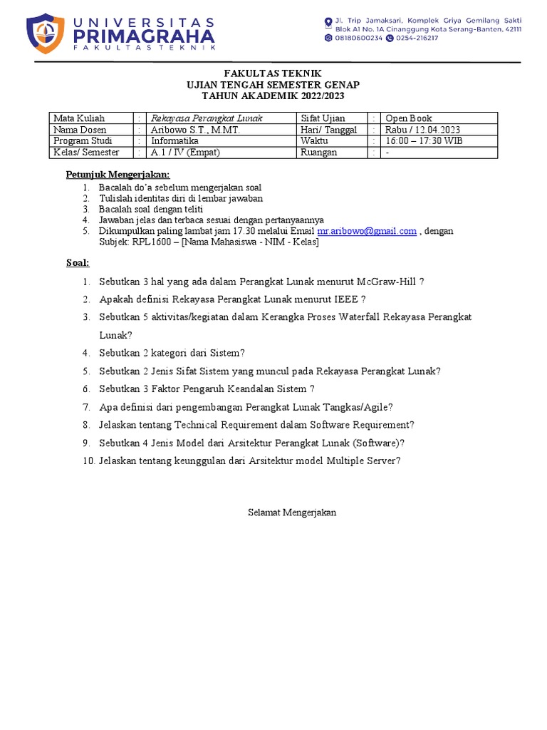 5. Soal UTS - Aribowo - 2022 - 2023 - Genap - RPL - Rabu 1600-1730 | PDF