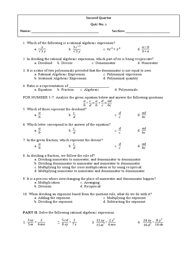 G8-Quiz No. 2-Second Quarter | PDF | Division (Mathematics) | Rational ... G8-Quiz No. 2-Second Quarter | PDF | Division (Mathematics) | Rational ...