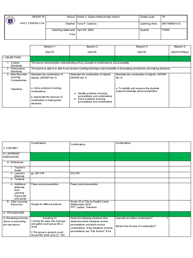 GRADE 10-DLL in Mathematics | PDF | Learning | Permutation