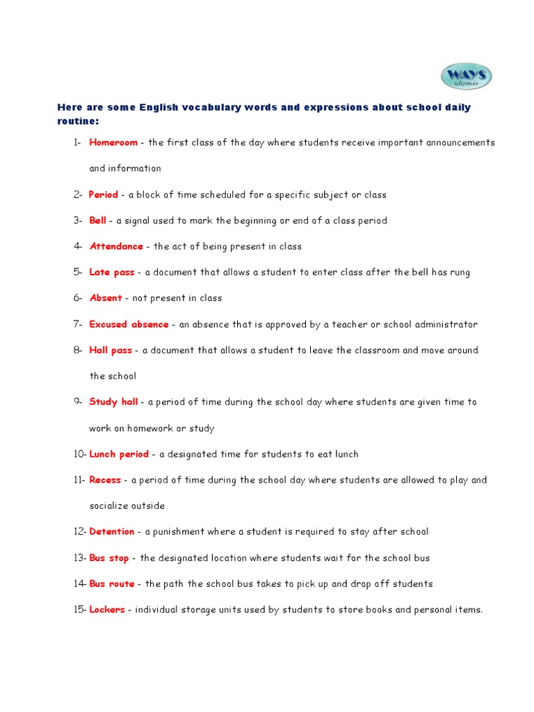 School Daily Routine Vocabulary Guide | PDF