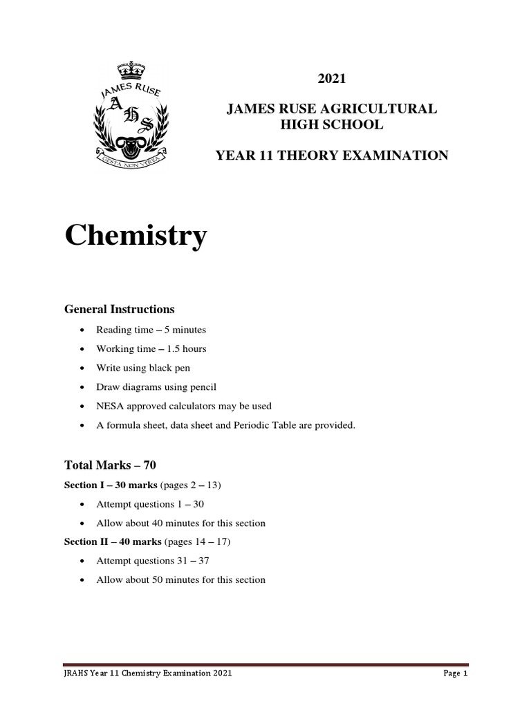 Year 11 Chemistry Theory Examination: Section I Multiple Choice ...