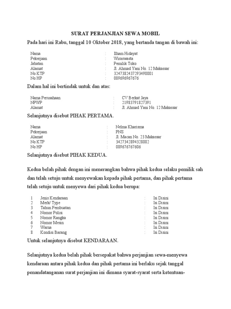 Contoh Perjanjian Sewa Mobil Perusahaan | PDF