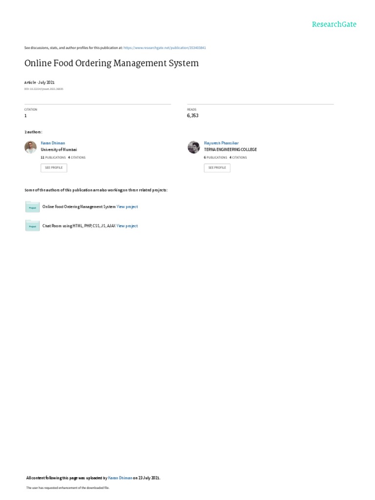 Online Food Ordering Management System | PDF | Databases | Restaurants