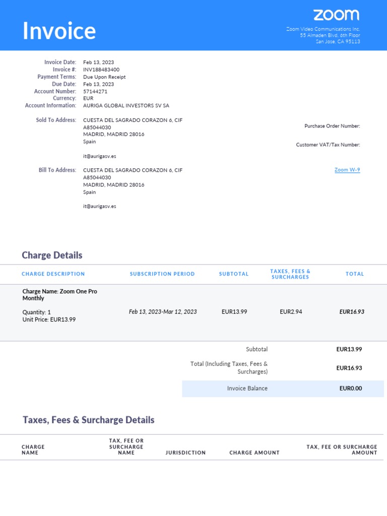 Zoom Invoice for Monthly Subscription of Zoom One Pro for Auriga Global ...
